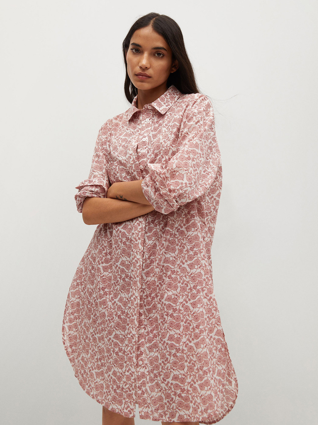 Buy MANGO Rust Red & Off White Floral Print Pure Cotton Longline Shirt ...