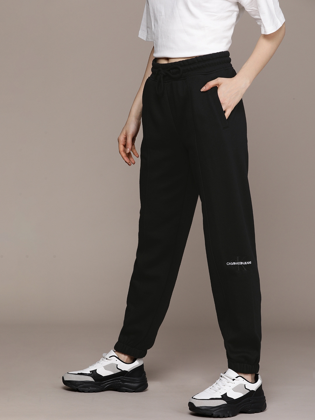 Buy Calvin Klein Jeans Women Black Off Placed Monogram Joggers Track