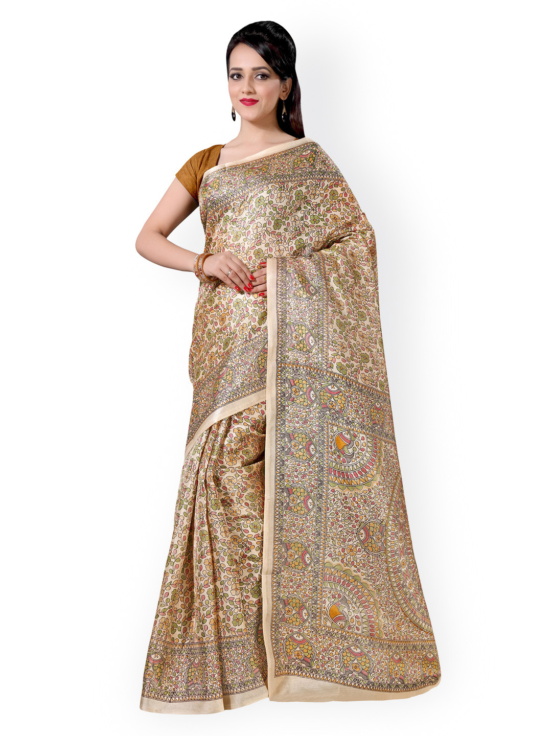 Buy Saree Mall Beige Khadi Silk Floral Print Saree - Sarees for Women ...