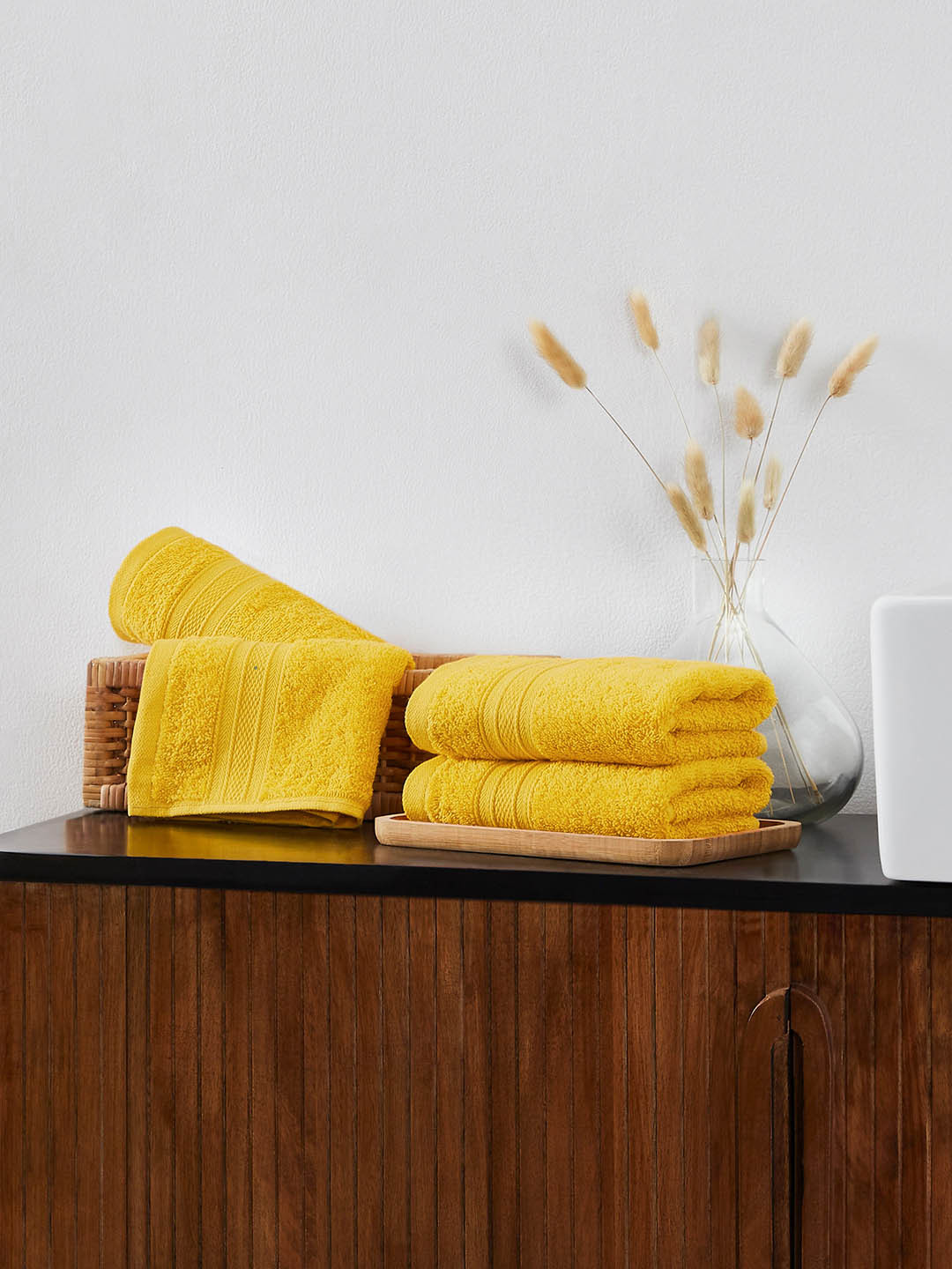 Buy MYTRIDENT Set Of 4 Mustard Yellow 500 GSM Striped Pure Cotton Hand ...