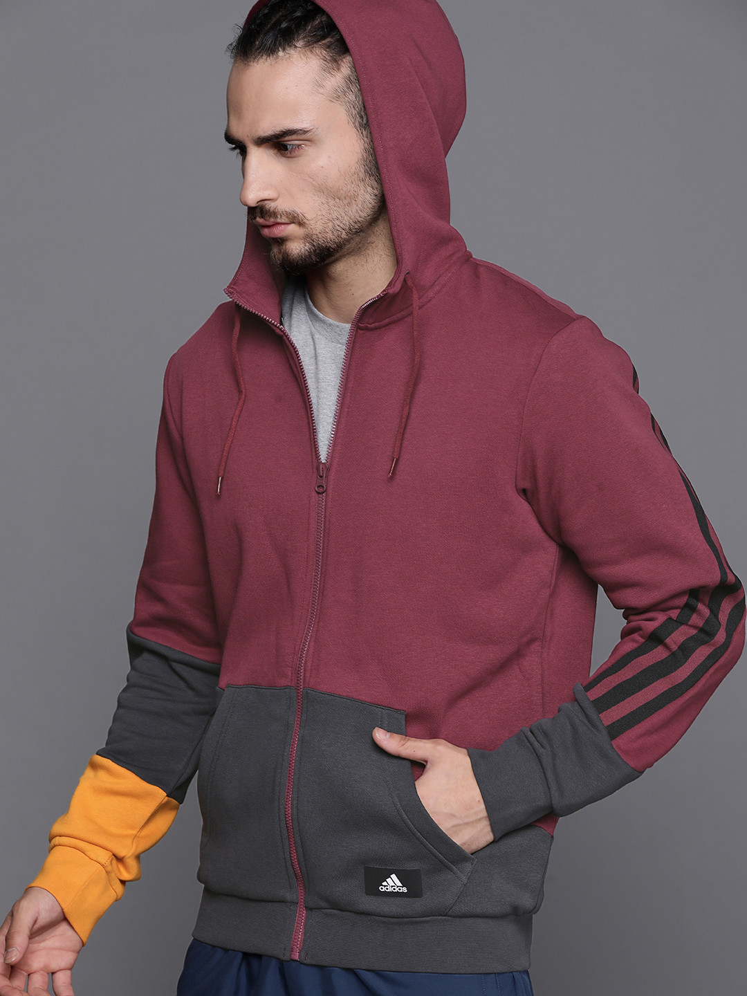Buy ADIDAS Men Maroon & Charcoal Grey Colourblocked Hooded Training Or ...