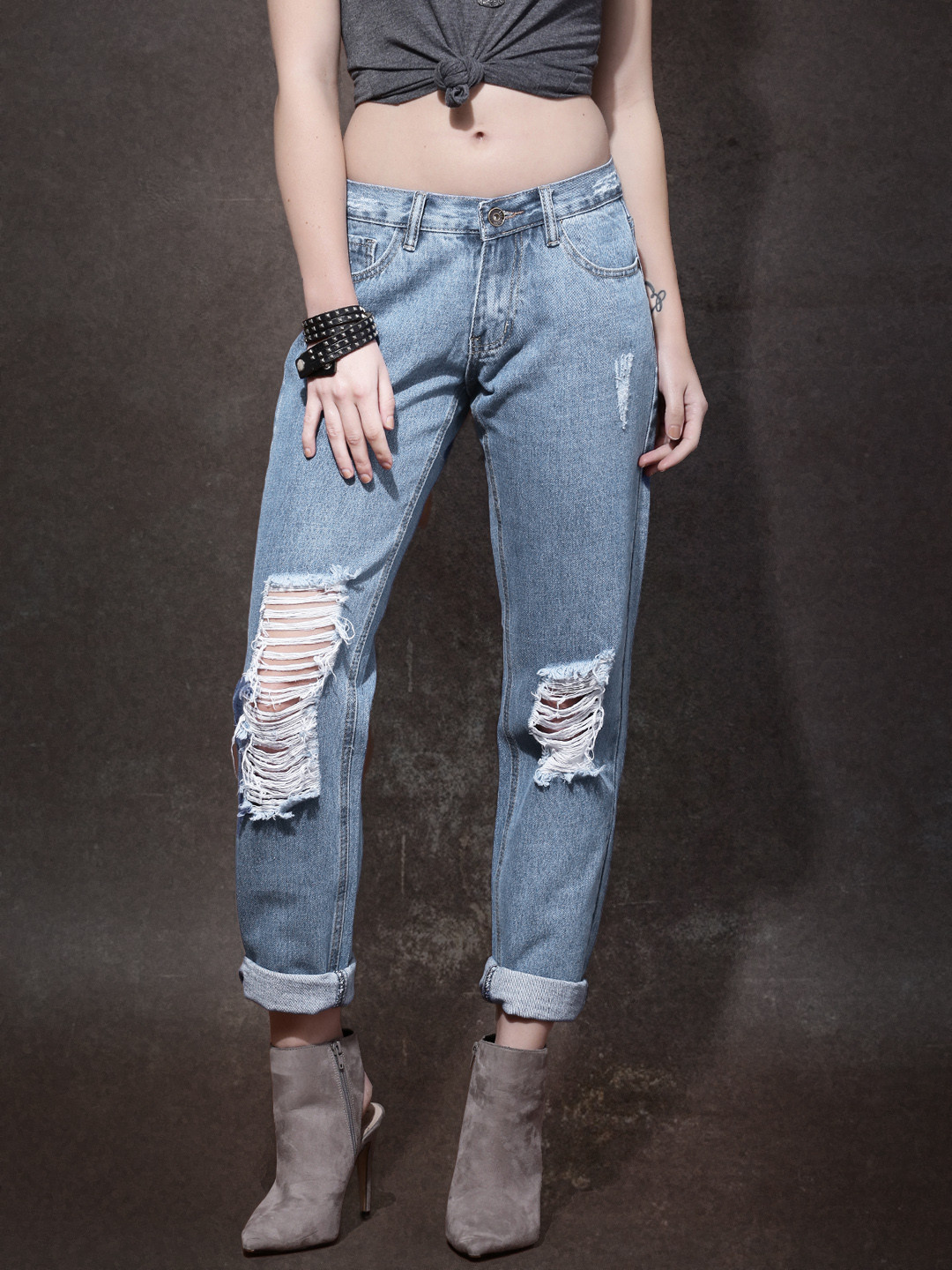 Buy Roadster Women Blue Boyfriend Fit Mid Rise Highly Distressed Jeans ...