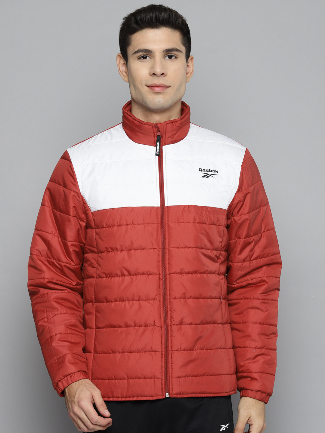 Buy Reebok Men Red & White Colourblocked MP Light Padded Jacket ...