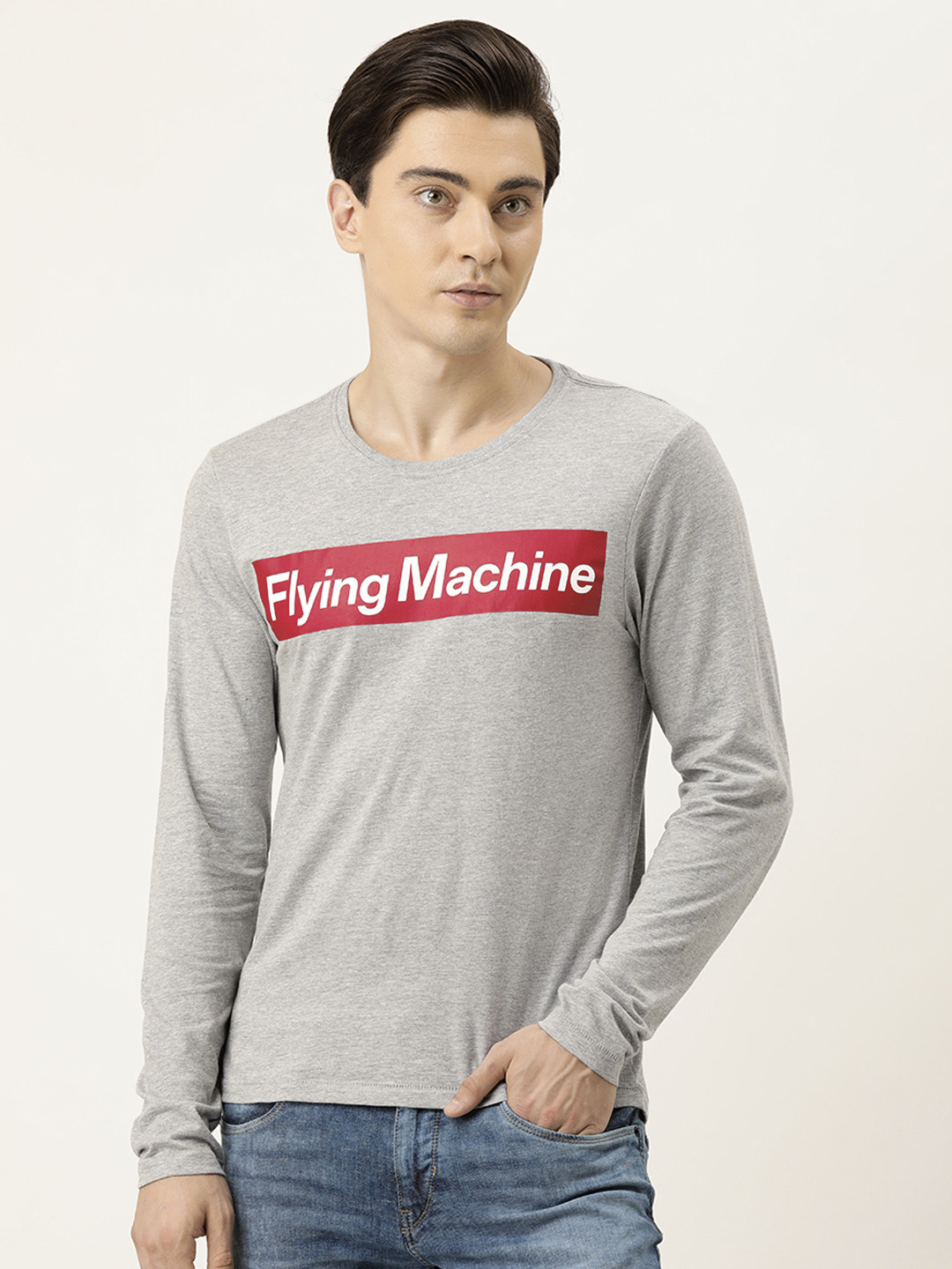 Buy Flying Machine Men Grey Typography Printed Pure Cotton T Shirt ...