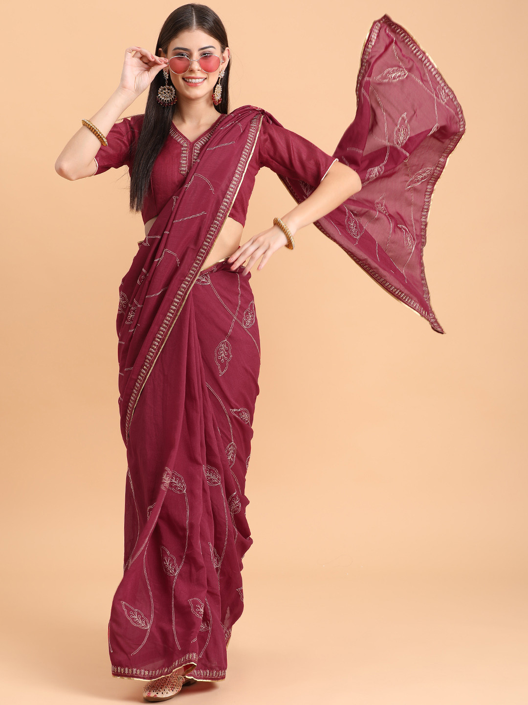Buy Sangria Burgundy & Silver Embroidered Silk Blend Designer Saree ...