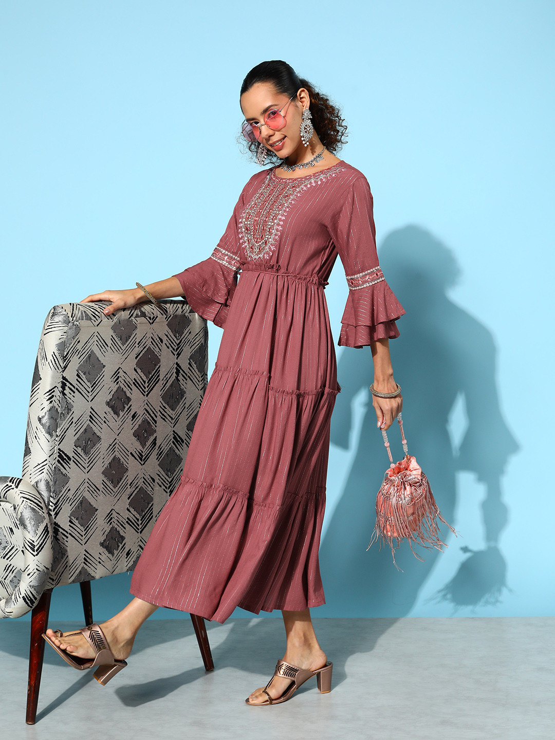 Buy Juniper Embroidered Tiered Maxi Fit & Flare Ethnic Dress With ...