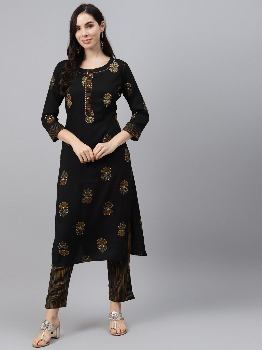 Buy Silai Bunai Women Black Ethnic Motifs Printed Sequinned Kurta With ...