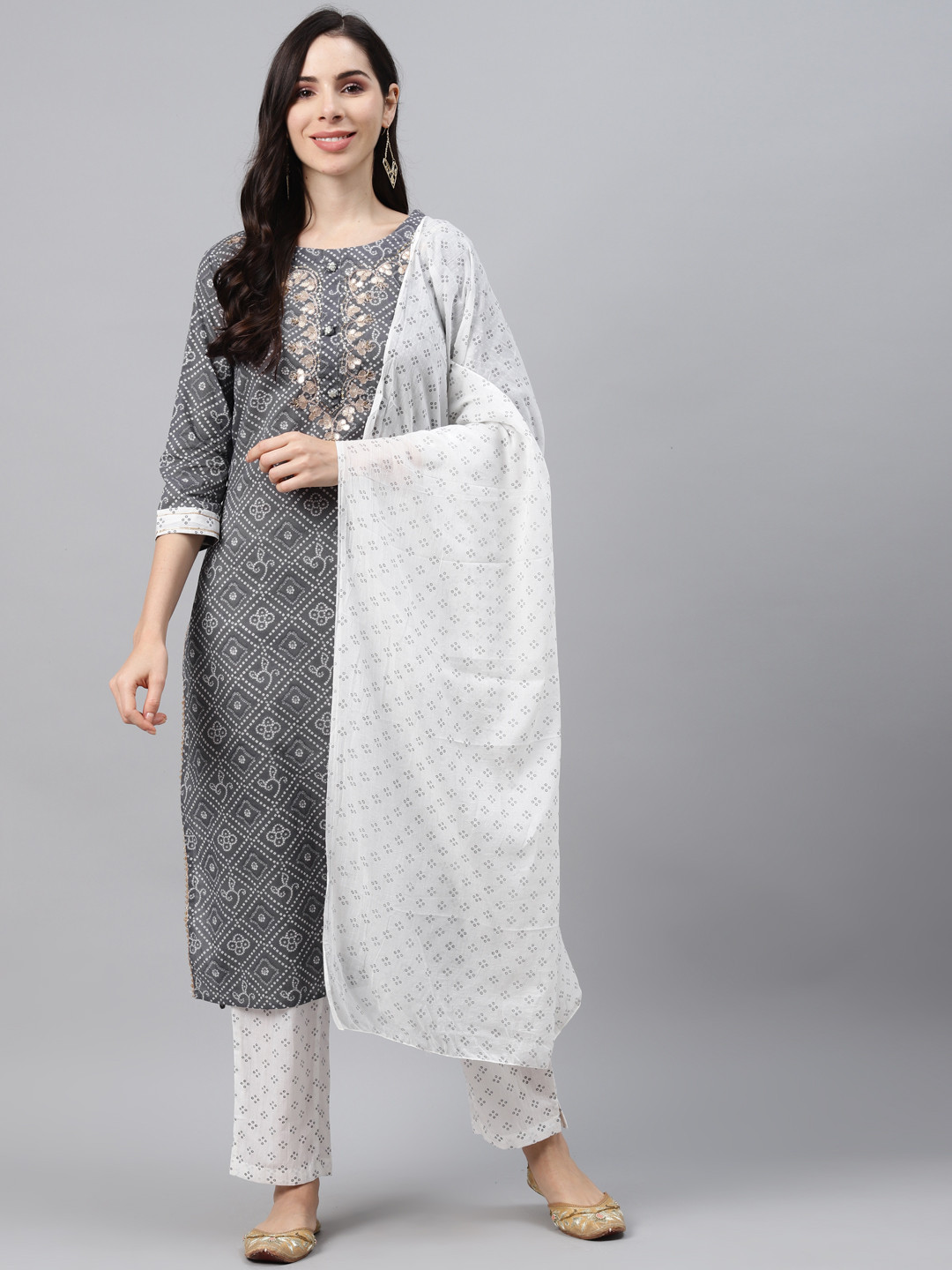 Buy Silai Bunai Women Charcoal Grey & White Printed Cotton Kurta With ...