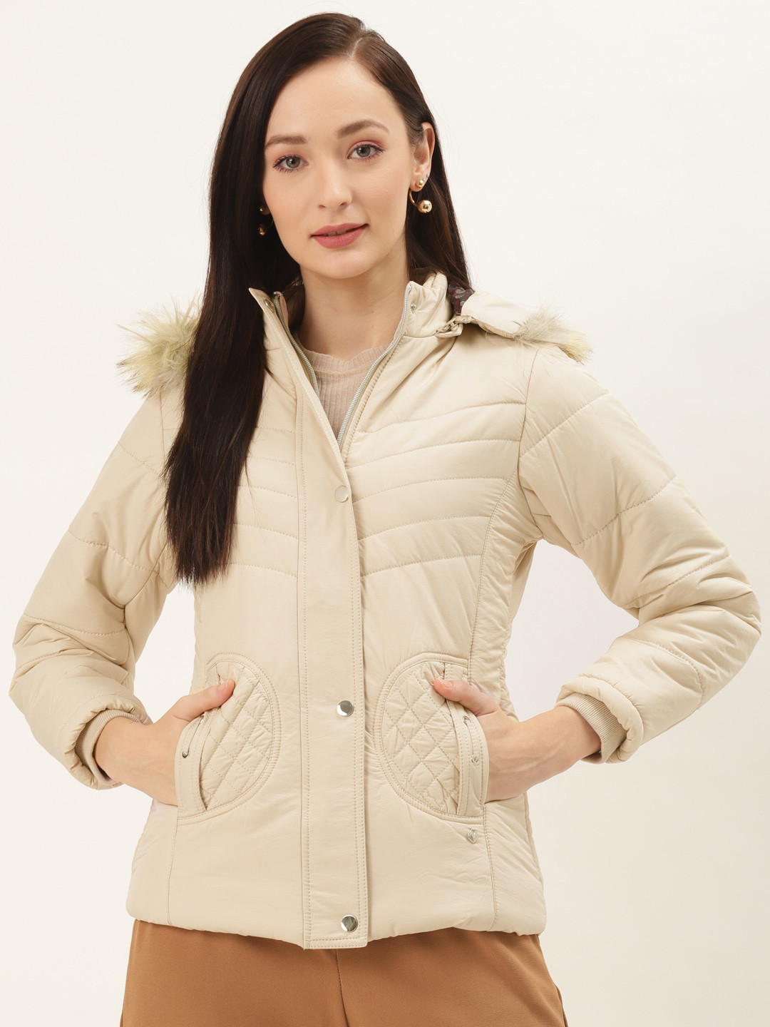 Buy Monte Carlo Women Cream Coloured Solid Detachable Hooded Parka ...