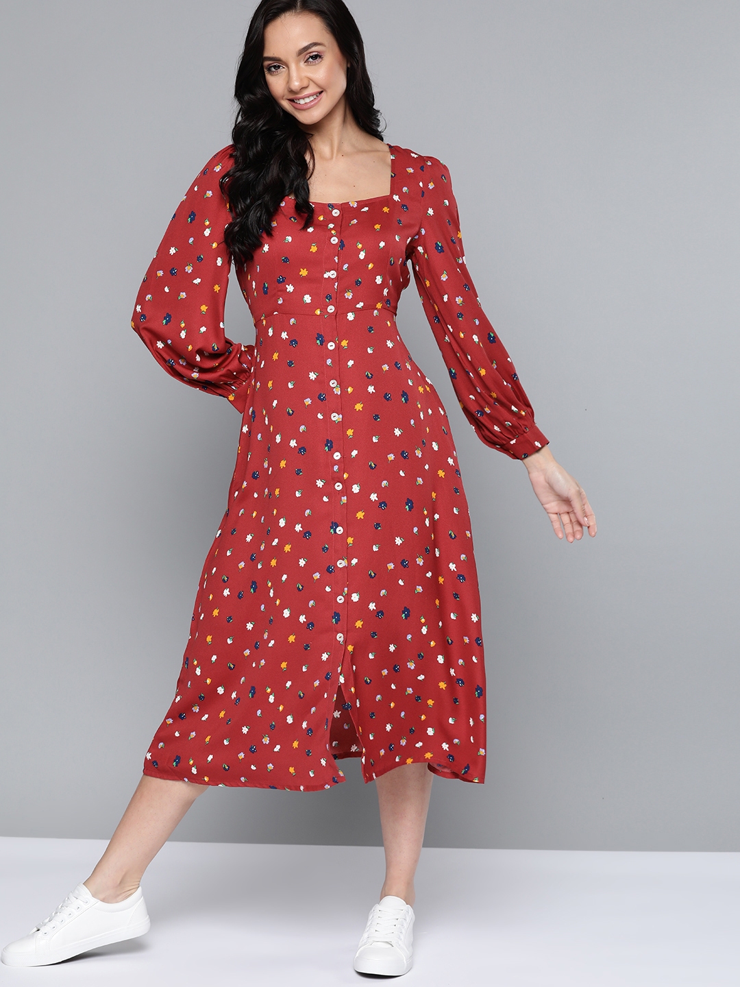 Buy Mast And Harbour Maroon And Navy Blue Floral A Line Midi Dress