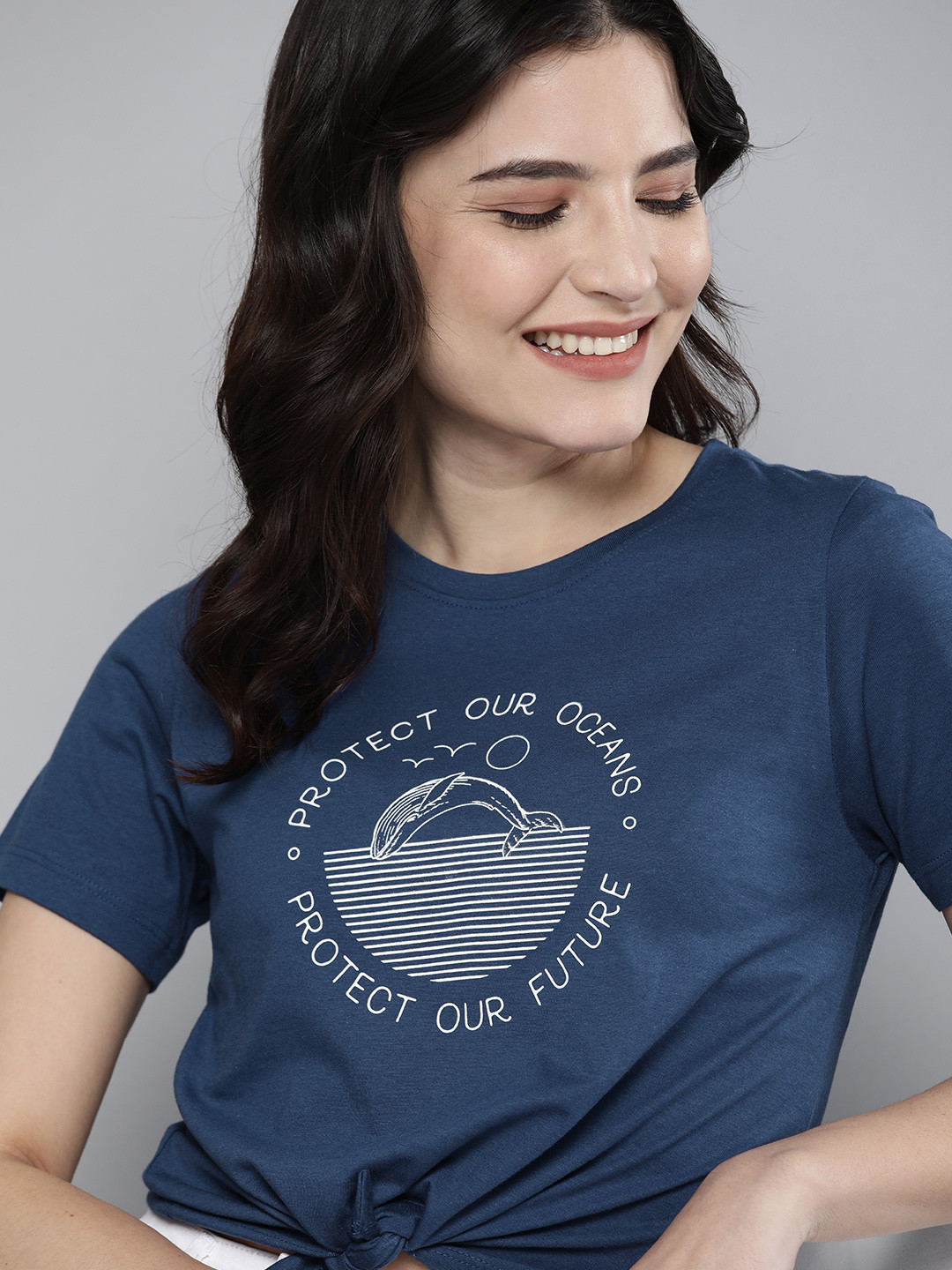 Buy M&H Our Water Women Navy Blue Typography Printed Round Neck T Shirt ...