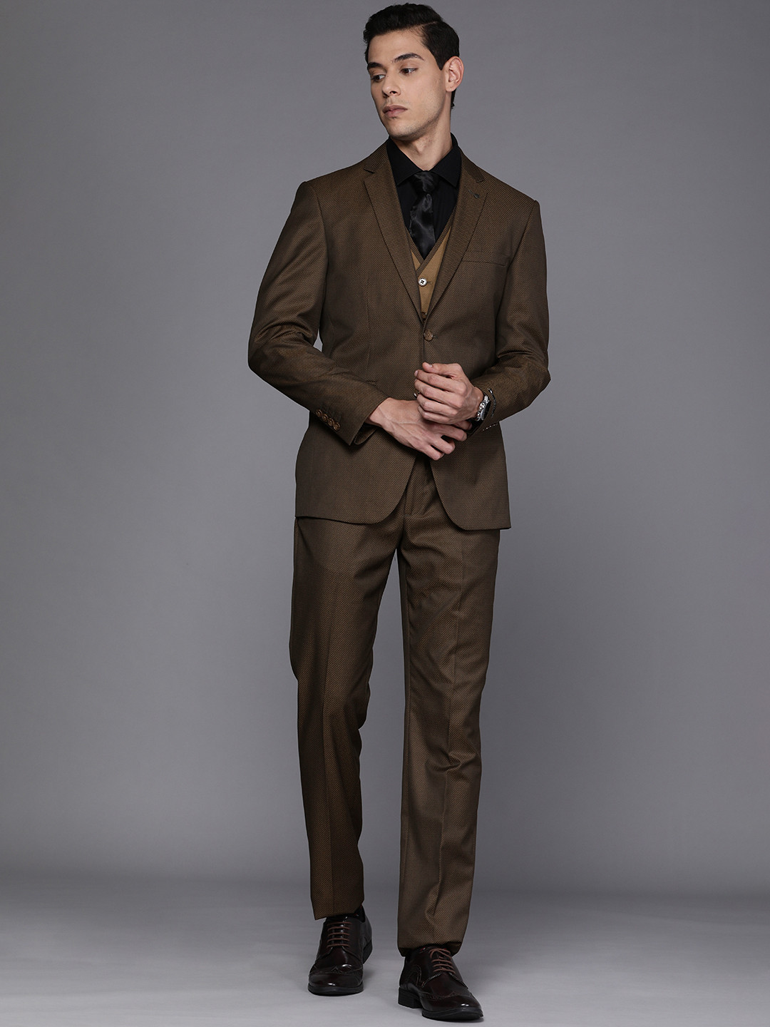 Buy Louis Philippe Men Brown Self DesignSlim Fit Single Breasted Three ...