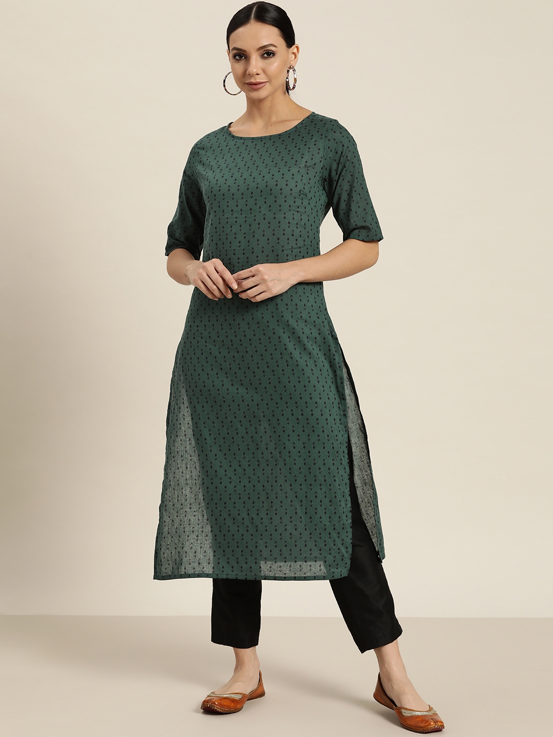 Buy Sangria Women Green & Black Ethnic Motifs Cotton Printed Kurta ...