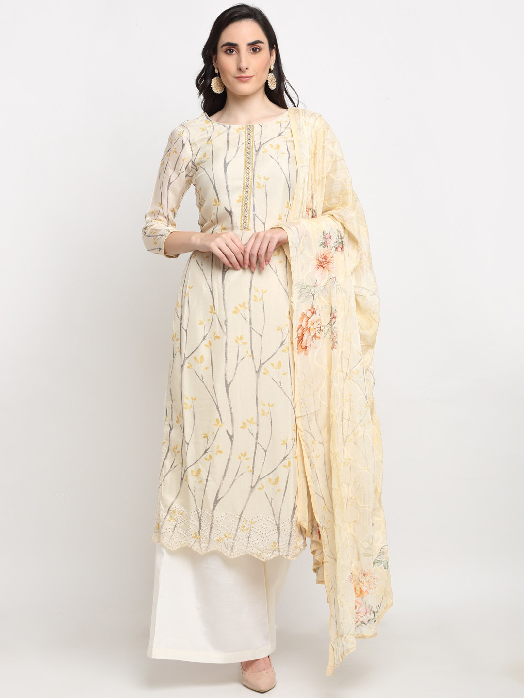 Buy Stylee LIFESTYLE Cream Coloured Printed Pure Silk Unstitched Dress ...