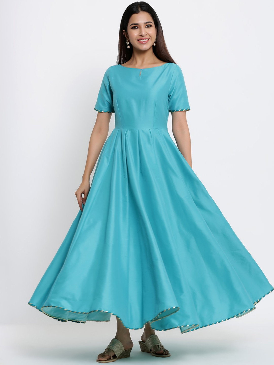 Buy Indian Virasat Women Turquoise Blue Solid Fit & Flare Maxi Dress ...