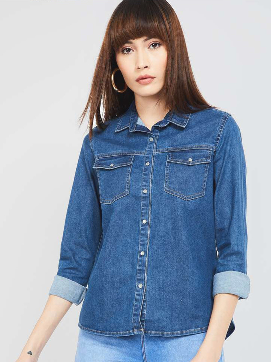 Buy Xpose Women Navy Blue Denim Casual Shirt - Shirts for Women ...