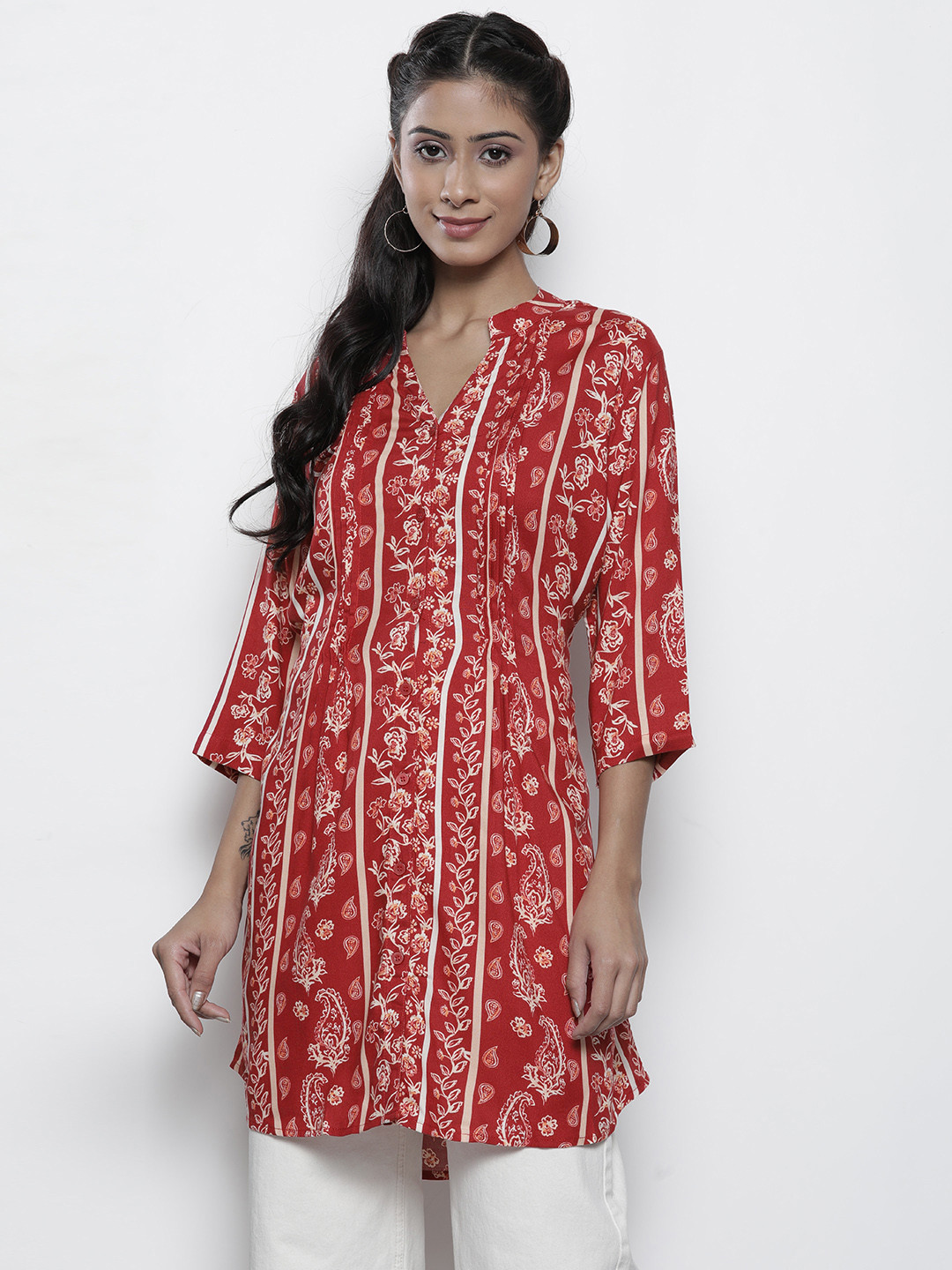 Buy One Femme Red & Off White Pintucks Mandarin Collar Printed Tunic ...