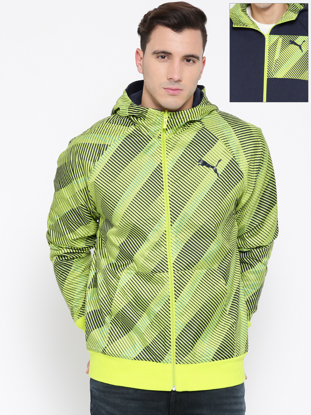 Buy PUMA Navy & Green Printed Reversible Sweat Hooded Track Jacket ...