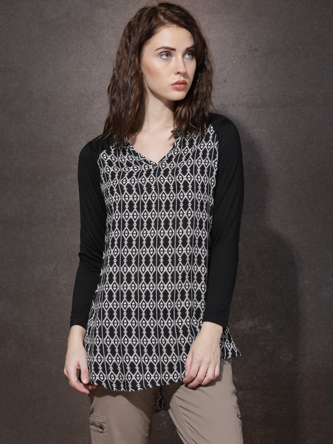 Buy Roadster Women Black & Beige Printed Regular Top - Tops for Women ...