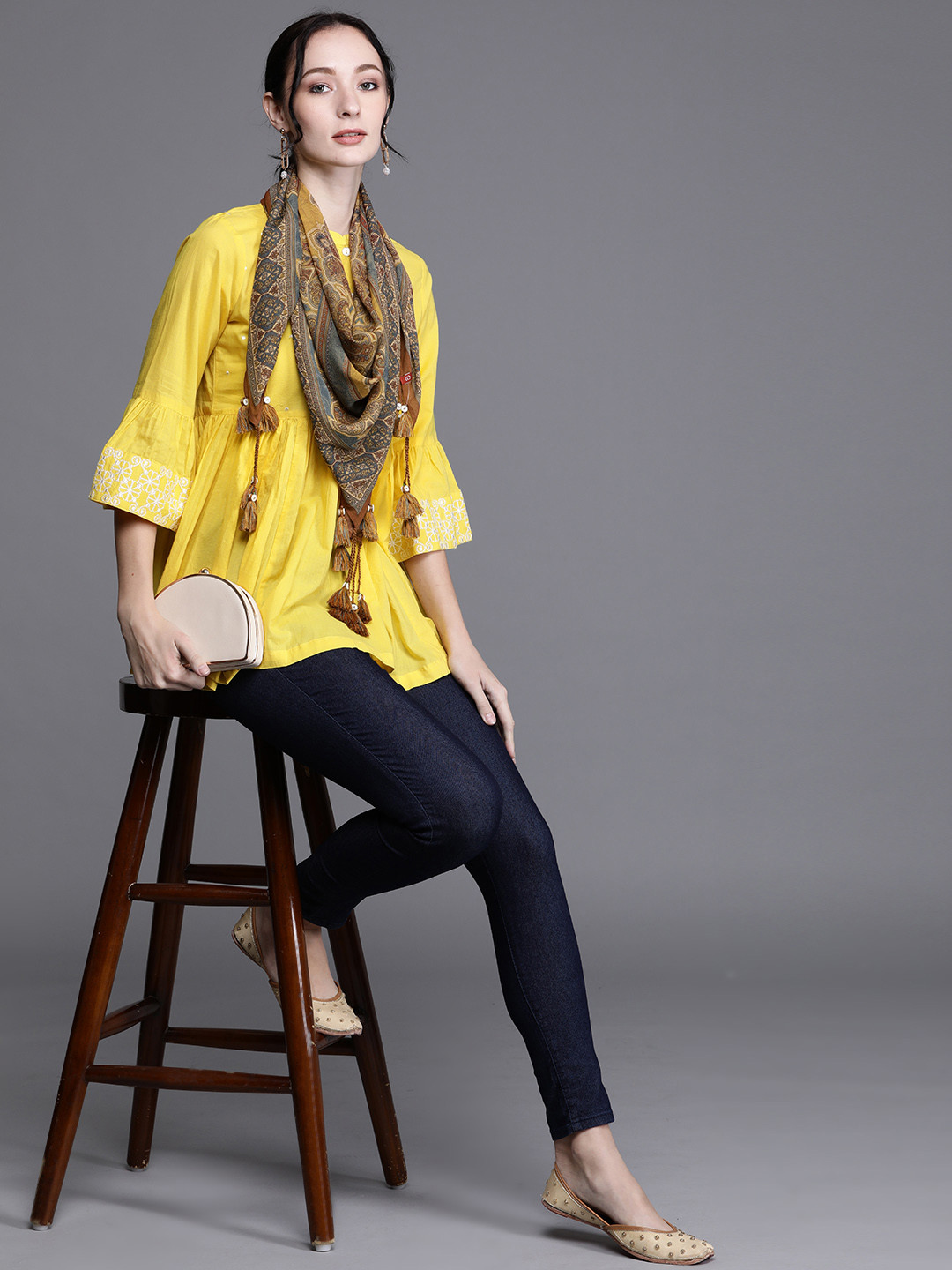 Buy Biba Mustard Yellow & Blue Ethnic Motifs Printed Scarf - Scarves ...