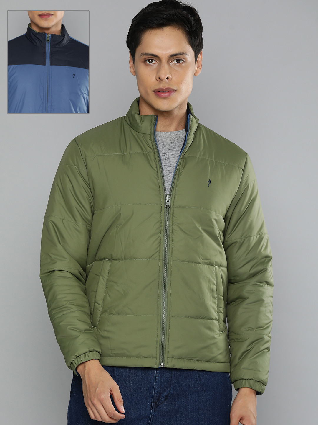 Buy Indian Terrain Men Green & Blue Reversible Puffer Jacket - Jackets ...