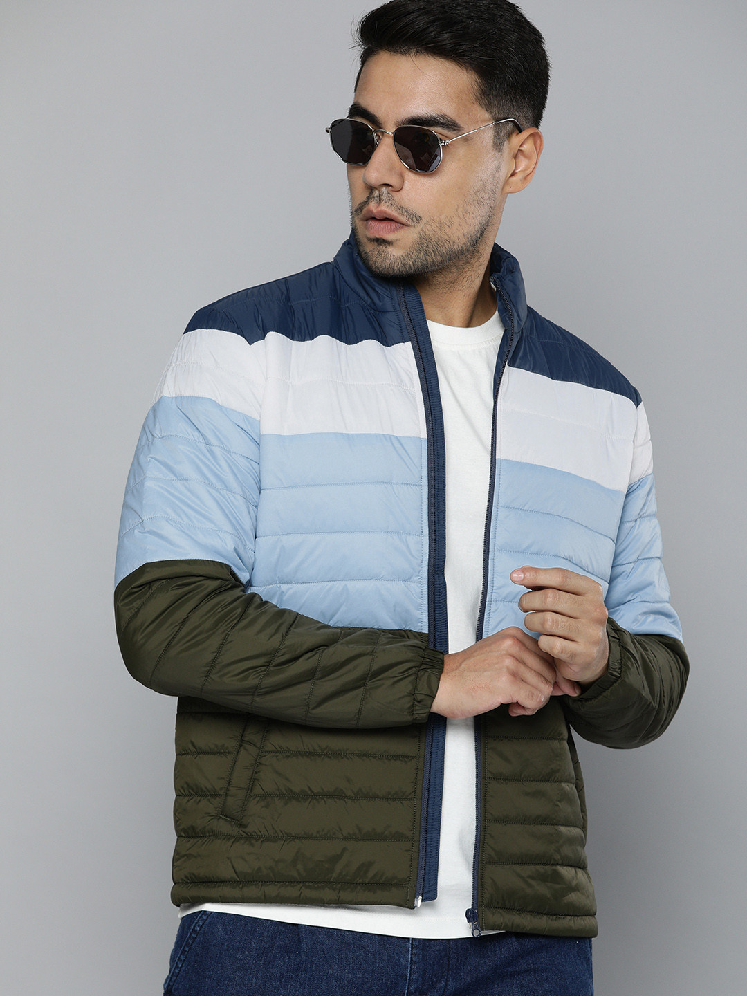 Buy Indian Terrain Men Blue & Olive Green Colourblocked Puffer Jacket ...