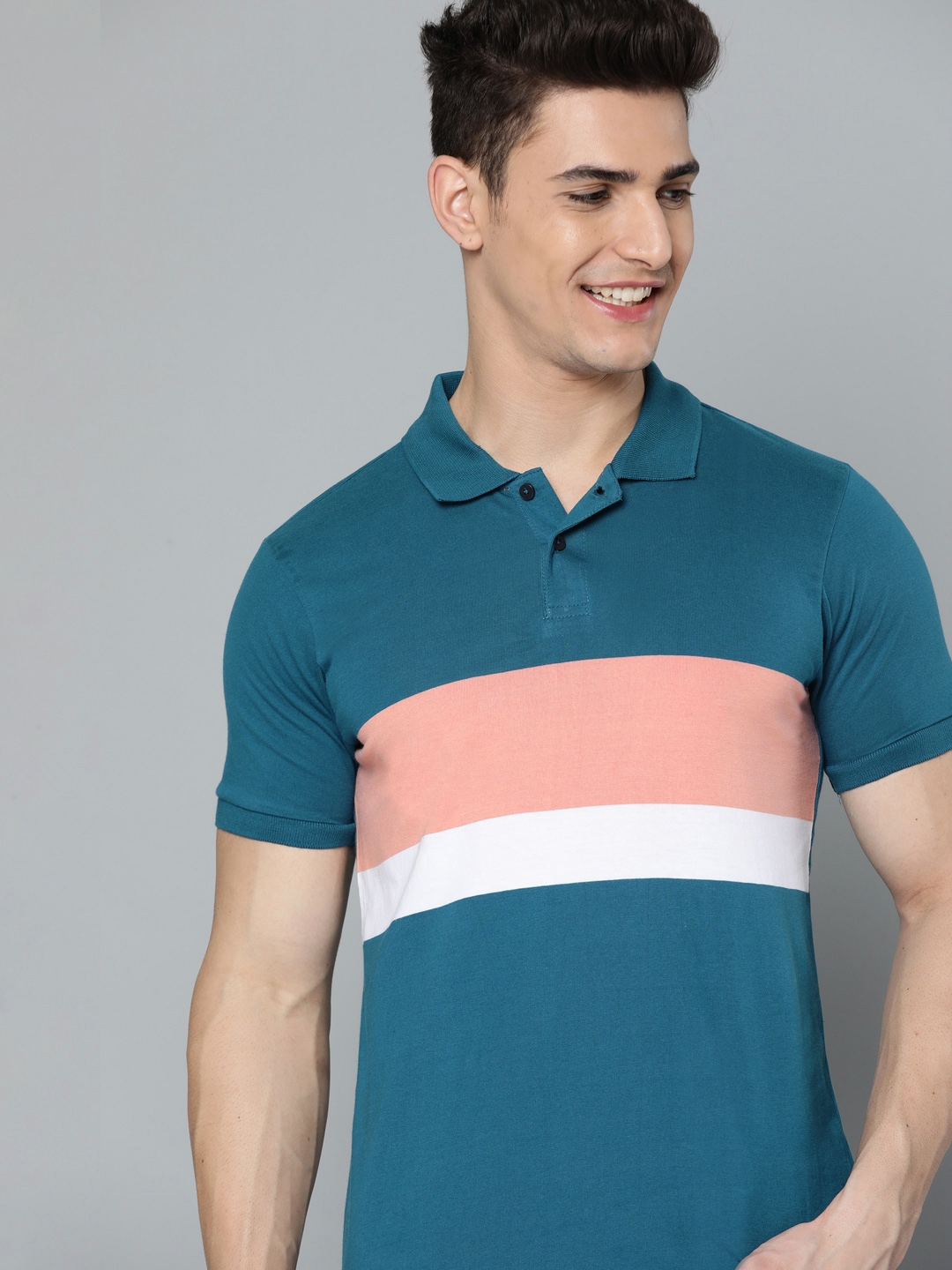 Buy Mast And Harbour Men Teal And Pink Colourblocked Polo Collar Pure