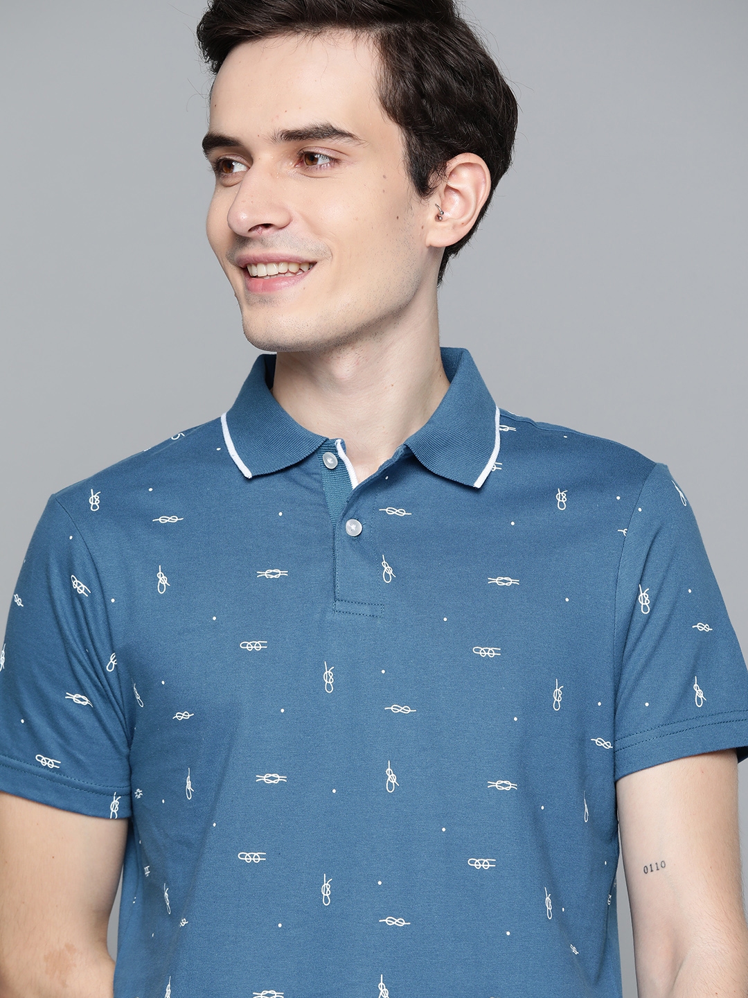 Buy Mast Harbour Men Blue White Pure Cotton Printed Polo Collar Pure