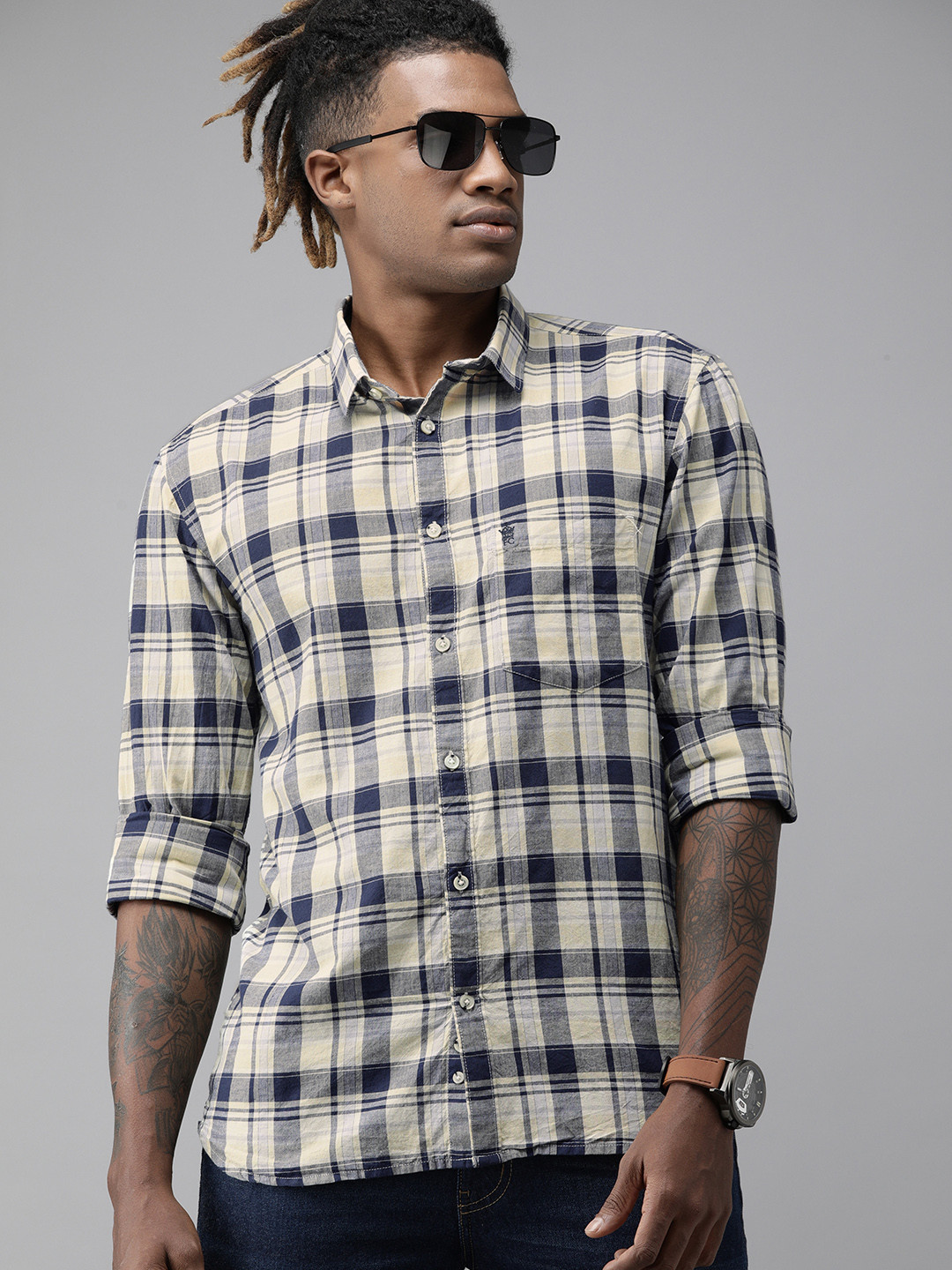 Buy French Connection Men Cream Coloured & Navy Blue Slim Fit Checked ...