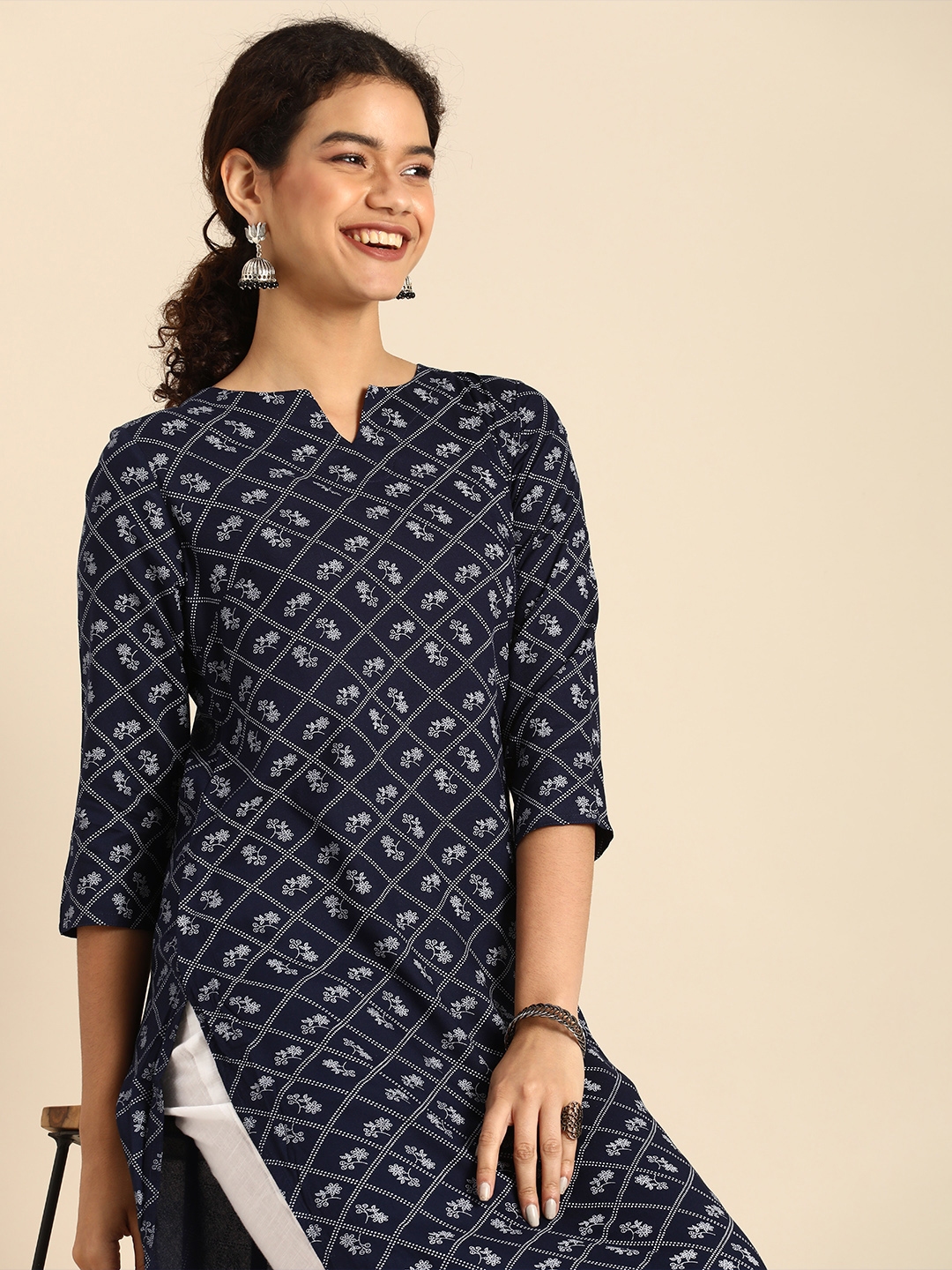 Buy Anouk Women Navy Blue And White Ethnic Motifs Print Round Neck