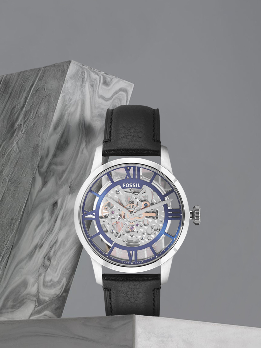 Buy Fossil Townsman Men Silver Toned Skeleton Dial Leather Strap ...