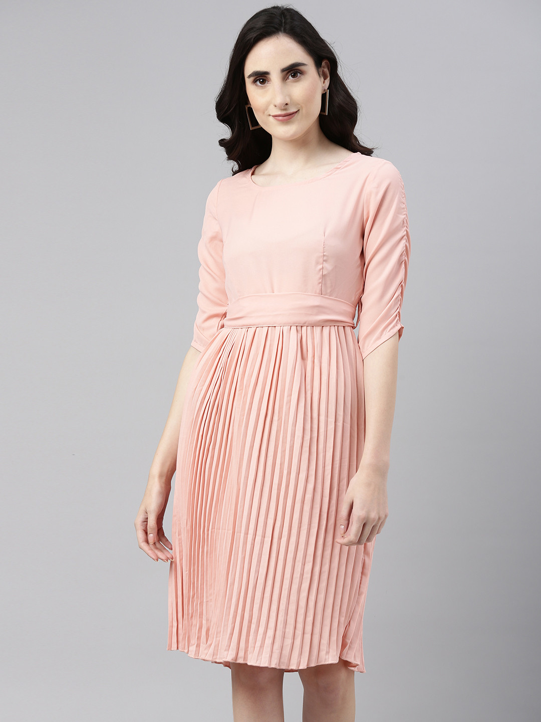 Buy Campus Sutra Peach Coloured Accordion Pleated Fit & Flare Dress ...