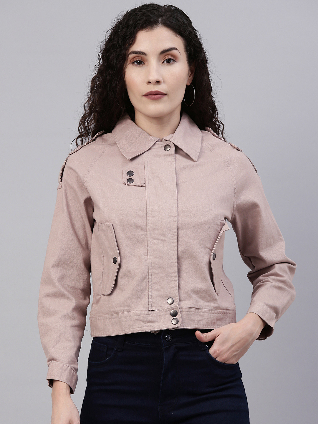 Buy Campus Sutra Women Coral Brown Crop Denim Jacket - Jackets for ...
