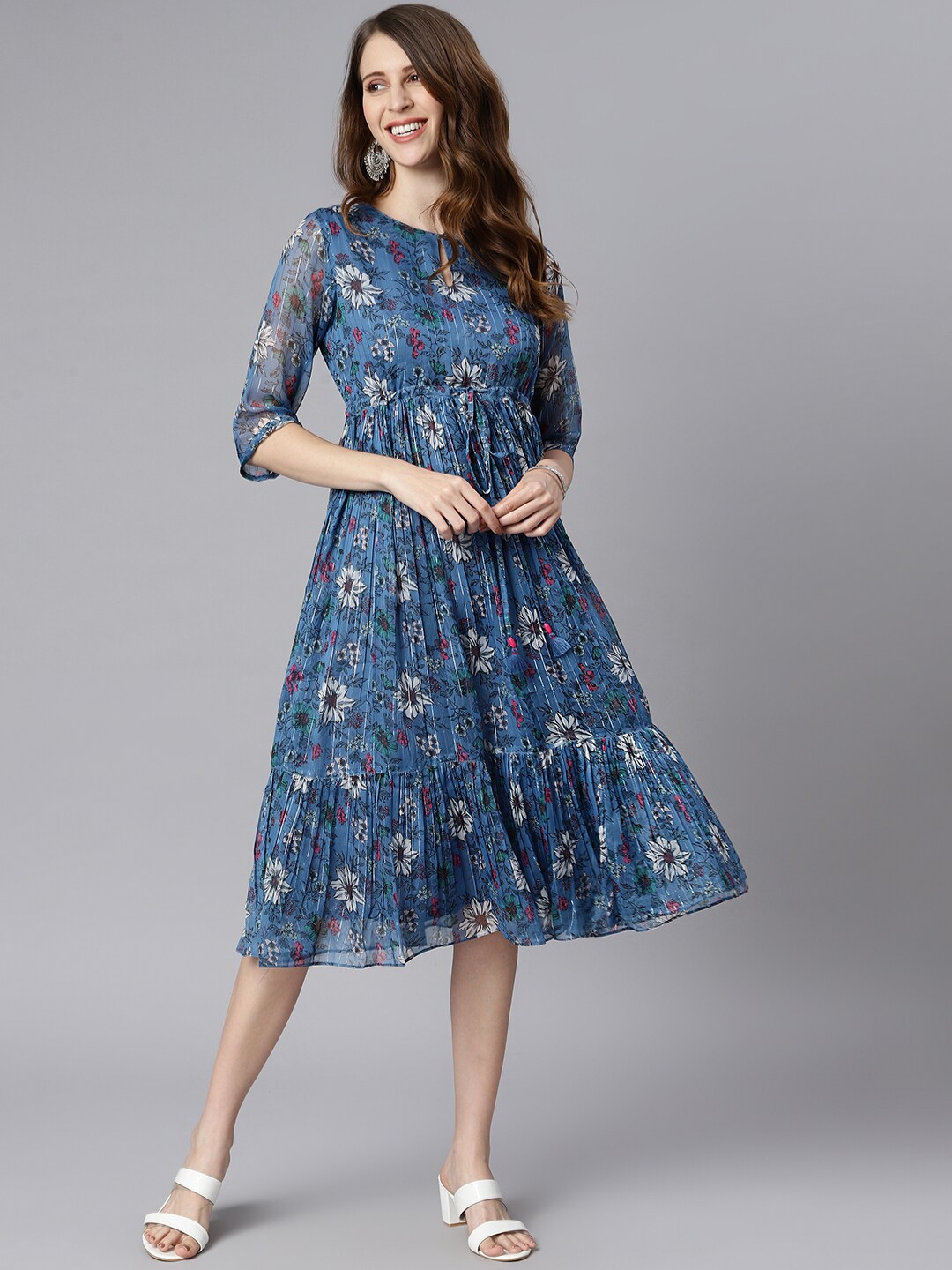 Buy Janasya Blue And White Floral Print Georgette Fit And Flare Midi Dress