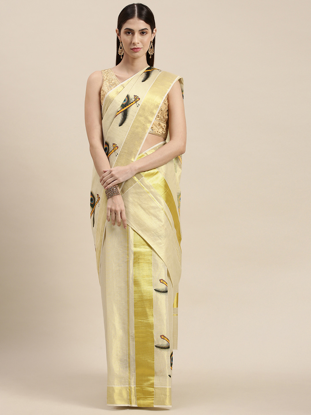 Buy Thara Saree Off White Ethnic Motifs Zari Pure Cotton Kasavu Mundu Sarees - Sarees for Women ...