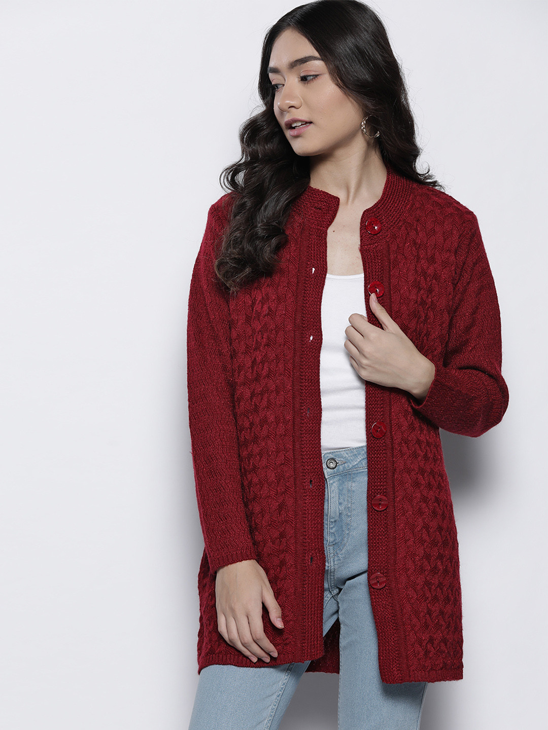 Buy One Femme Women Maroon Cable Knit Longline Cardigan - Sweaters for ...