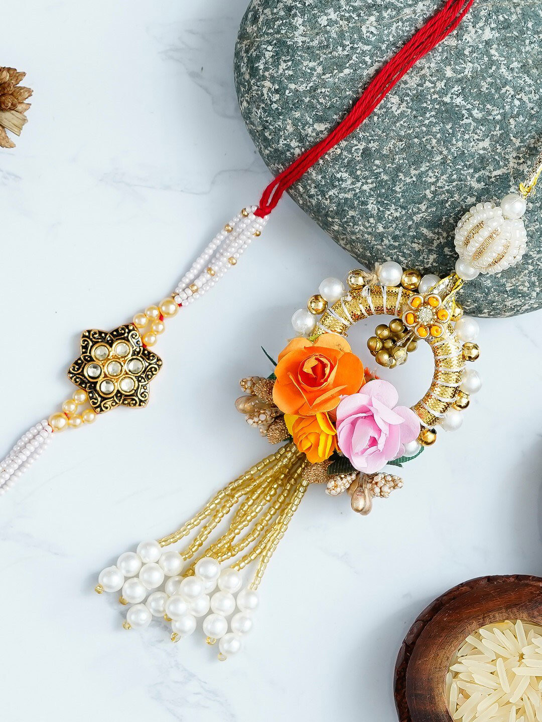 Buy ECraftIndia Gold Toned & White Rakhi Gift Set - Rakhi for Unisex ...