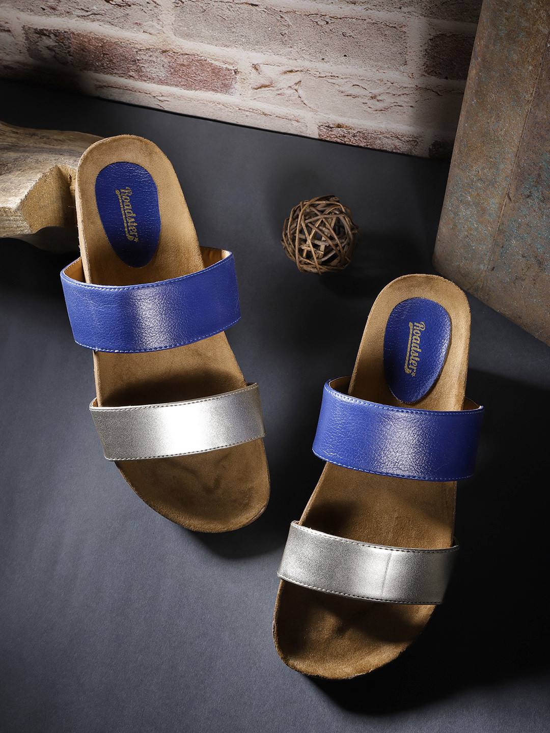 Buy Roadster Women Navy Blue & Gold Toned Colourblocked Open Toe Flats ...