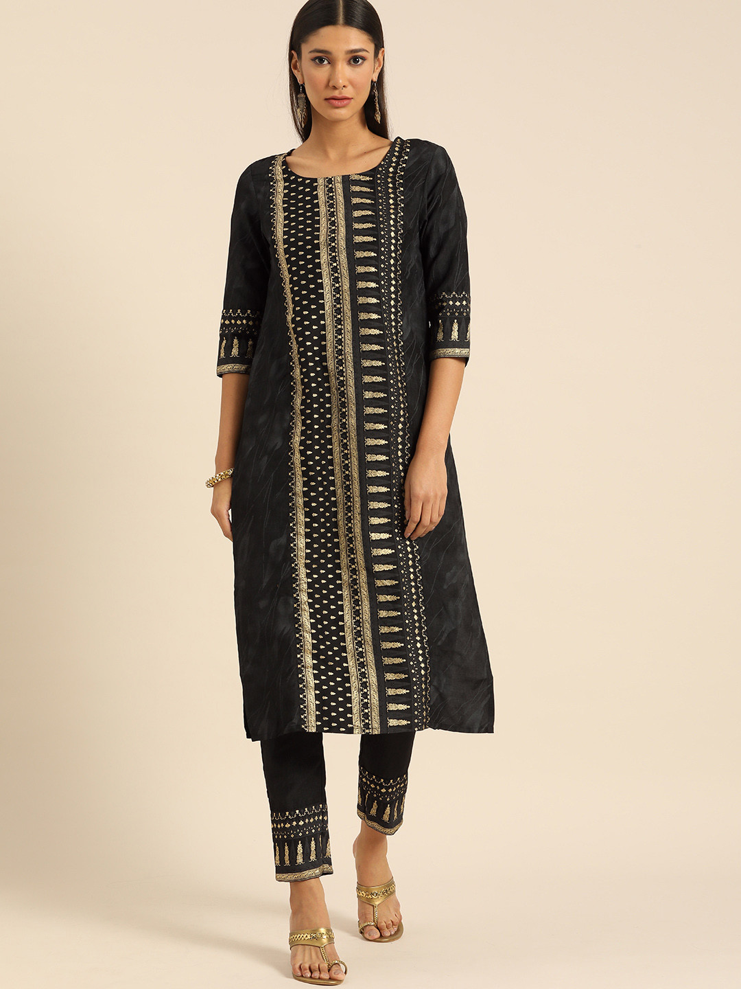 Buy Anouk Women Black Ethnic Motifs Printed Regular Kurta With Trousers ...