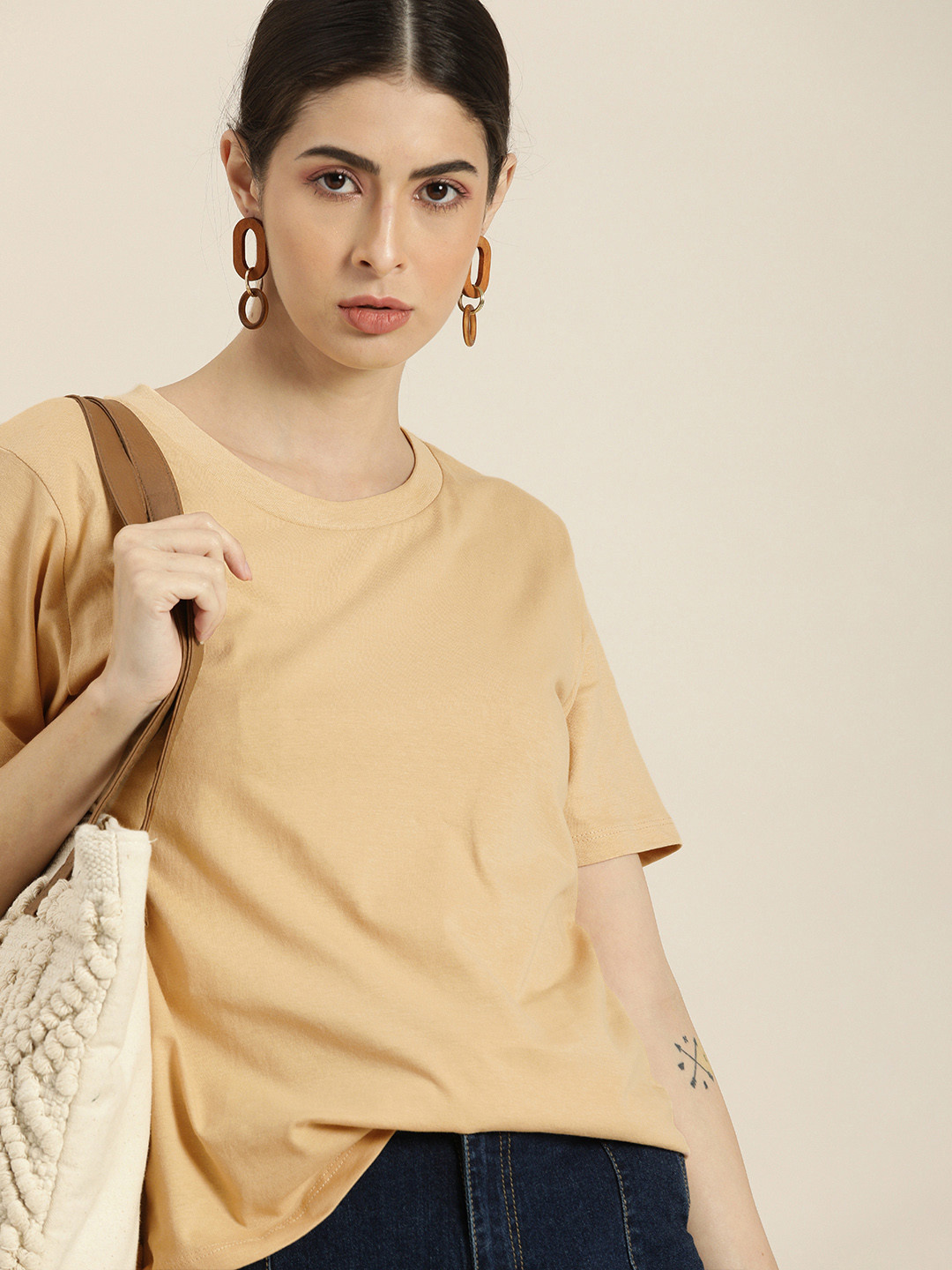 Buy Moda Rapido Women Beige Extended Sleeves Pure Cotton T Shirt ...