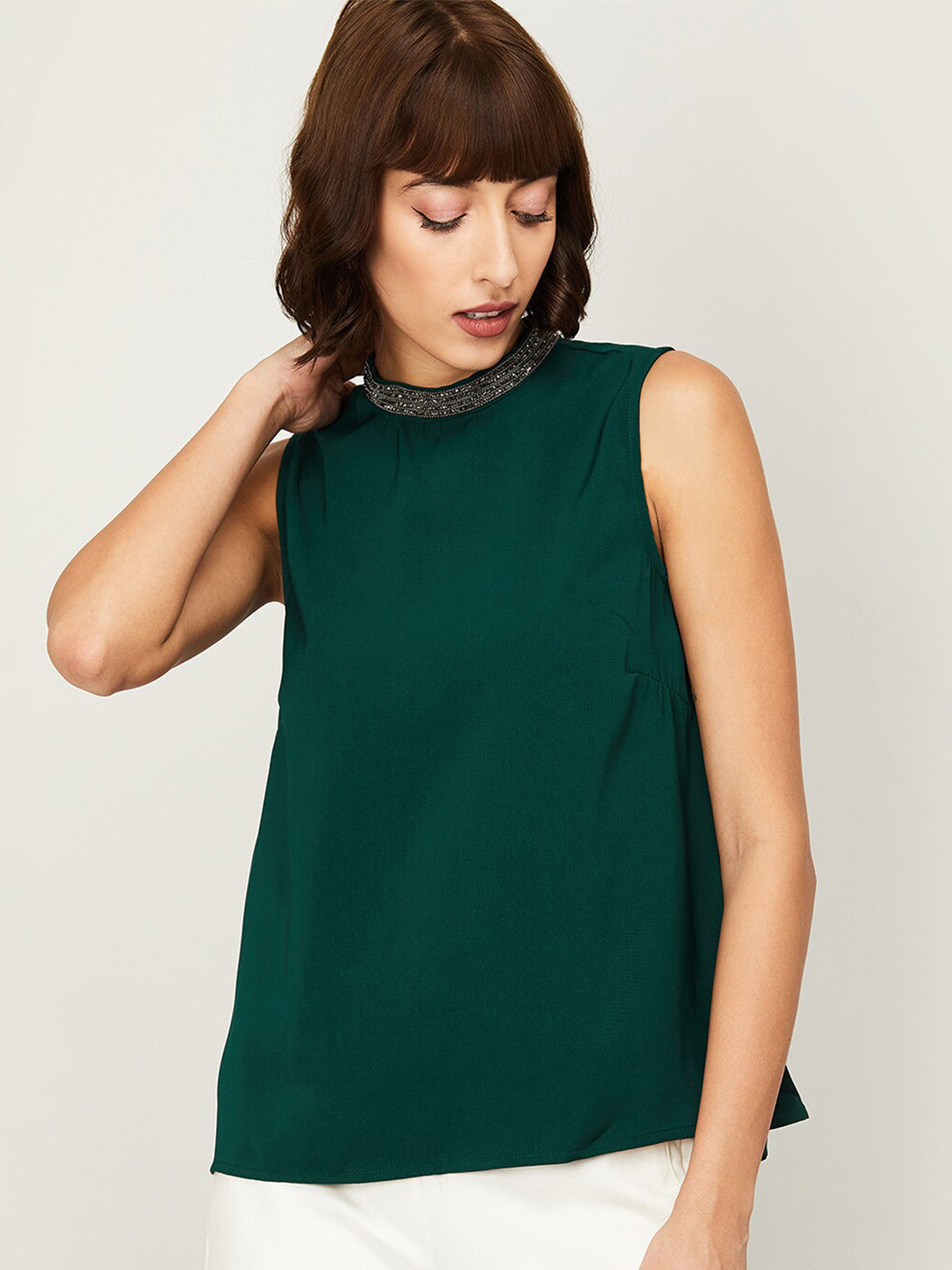 Buy CODE By Lifestyle Women Green Embellished High Neck Regular Top ...