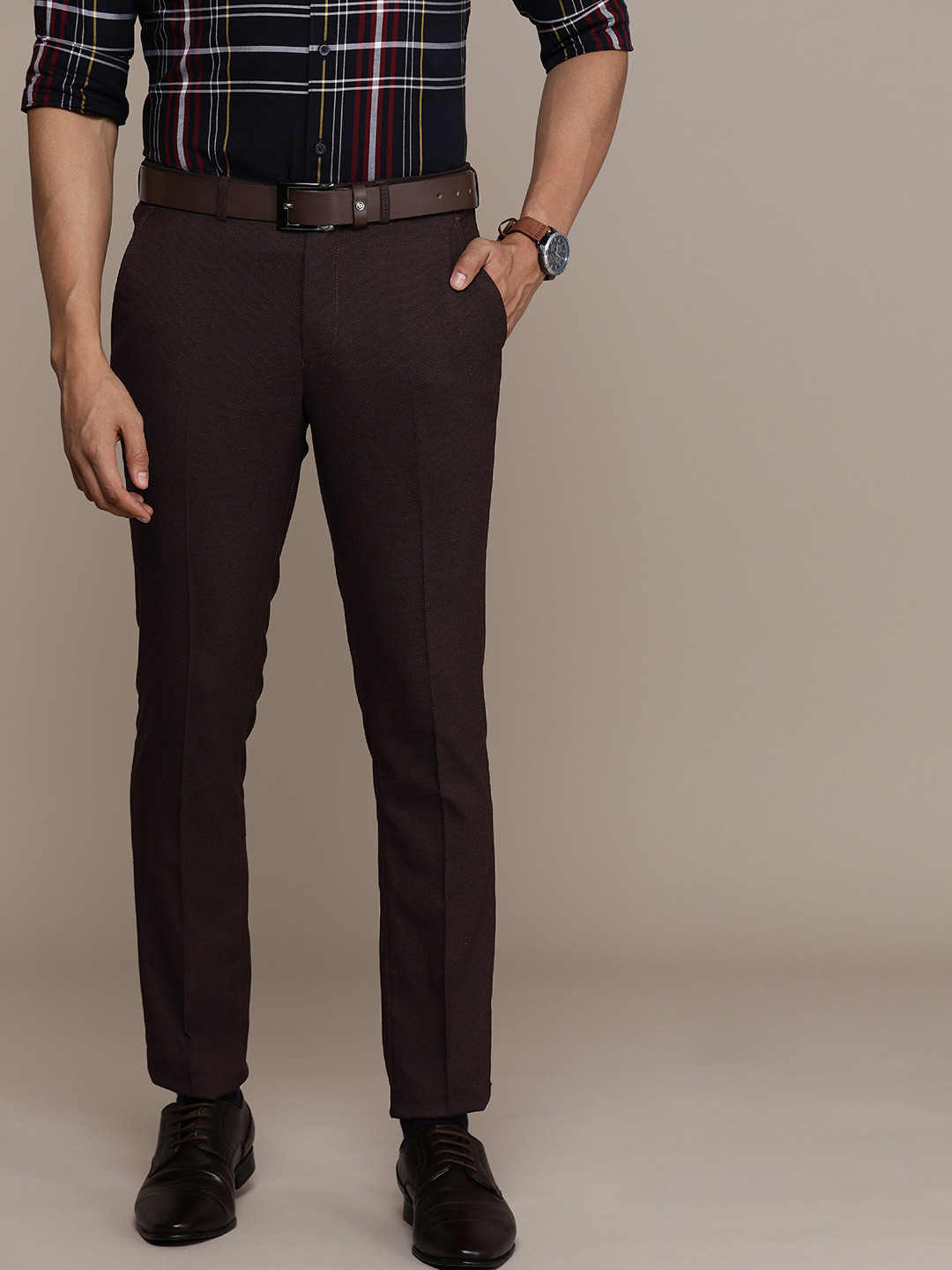 Buy SELECTED Men Brown Textured Slim Fit Formal Trousers - Trousers for ...