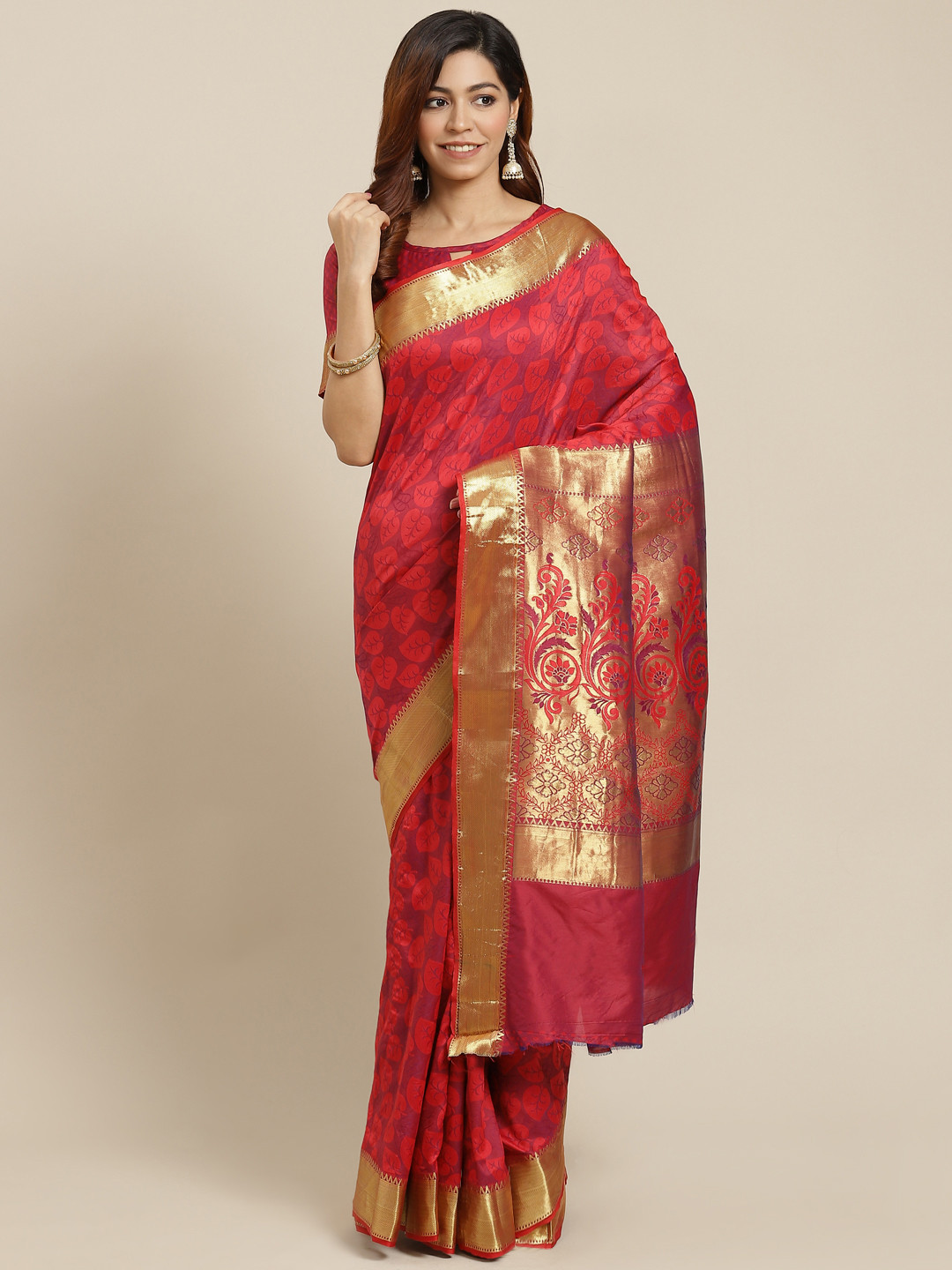 Buy MANOHARI Red & Golden Ethnic Woven Design Ready To Wear Banarasi ...