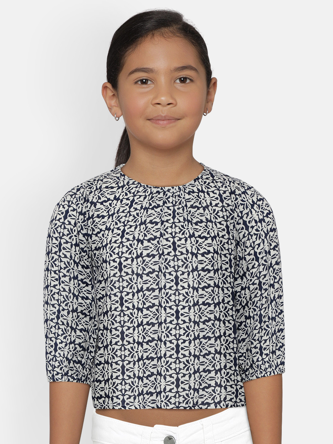 Buy SCOUP Girls Navy Blue & White Ethnic Motif Print Regular Top - Tops ...