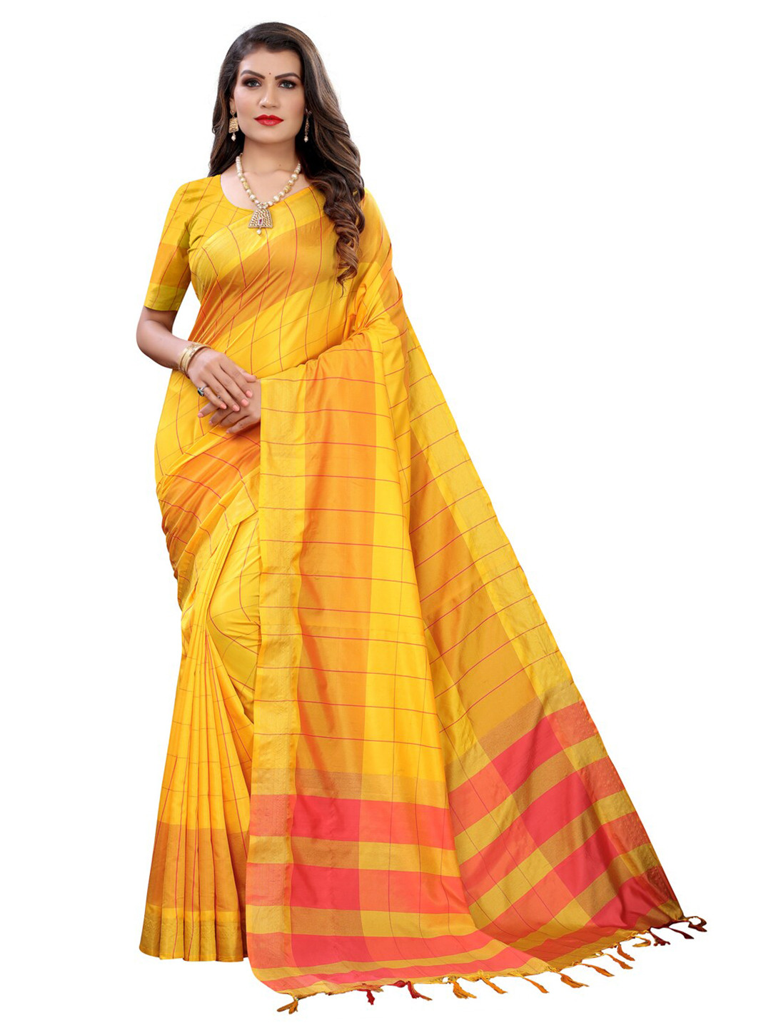 Buy KALINI Yellow & Pink Woven Checked Striped Border Saree - Sarees ...