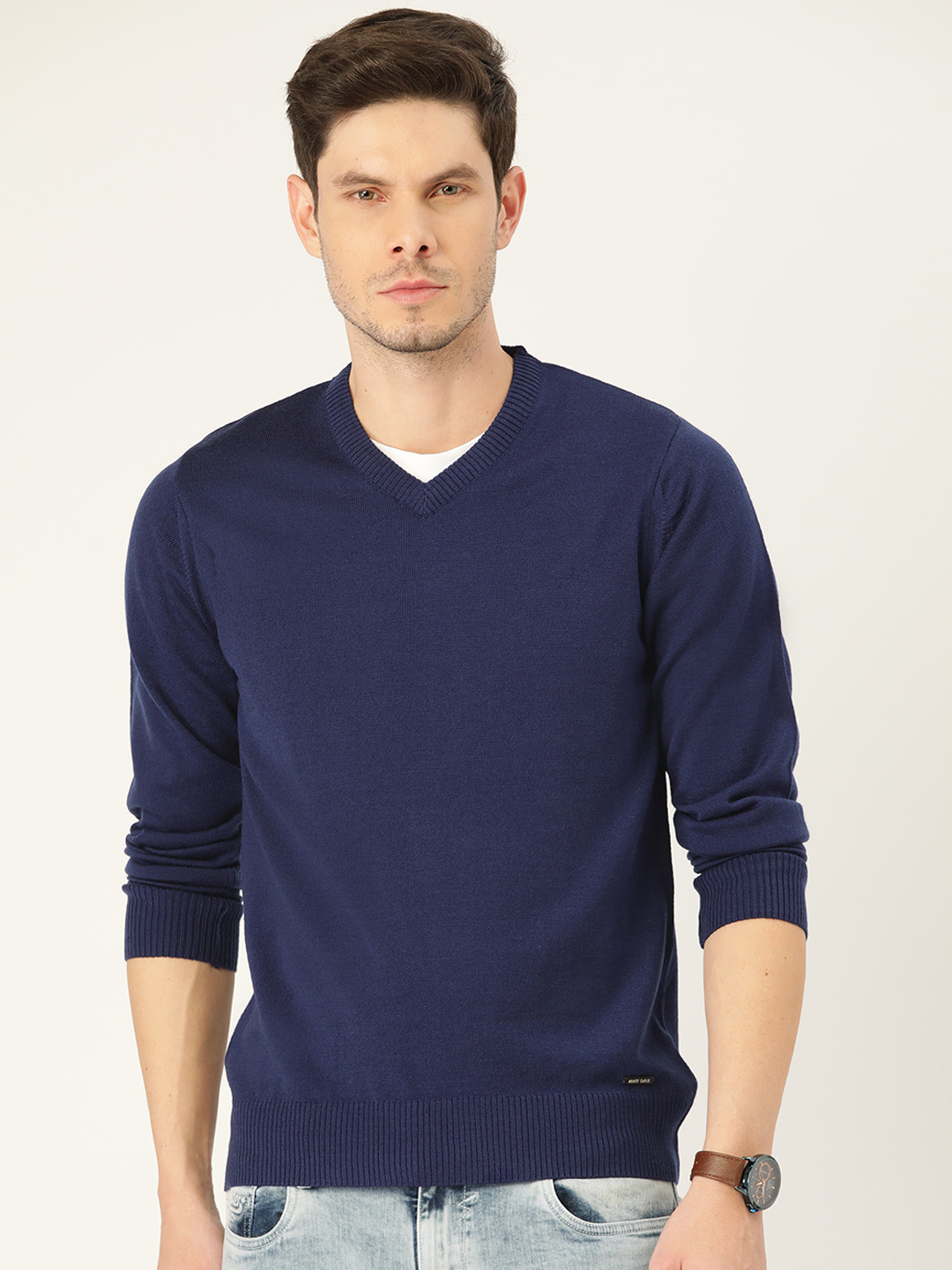 Buy Monte Carlo Men Navy Blue Solid V Neck Pullover - Sweaters for Men ...
