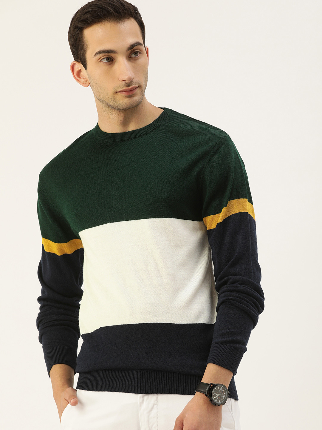 Buy PETER ENGLAND UNIVERSITY Men Green & White Colourblocked Sweater ...