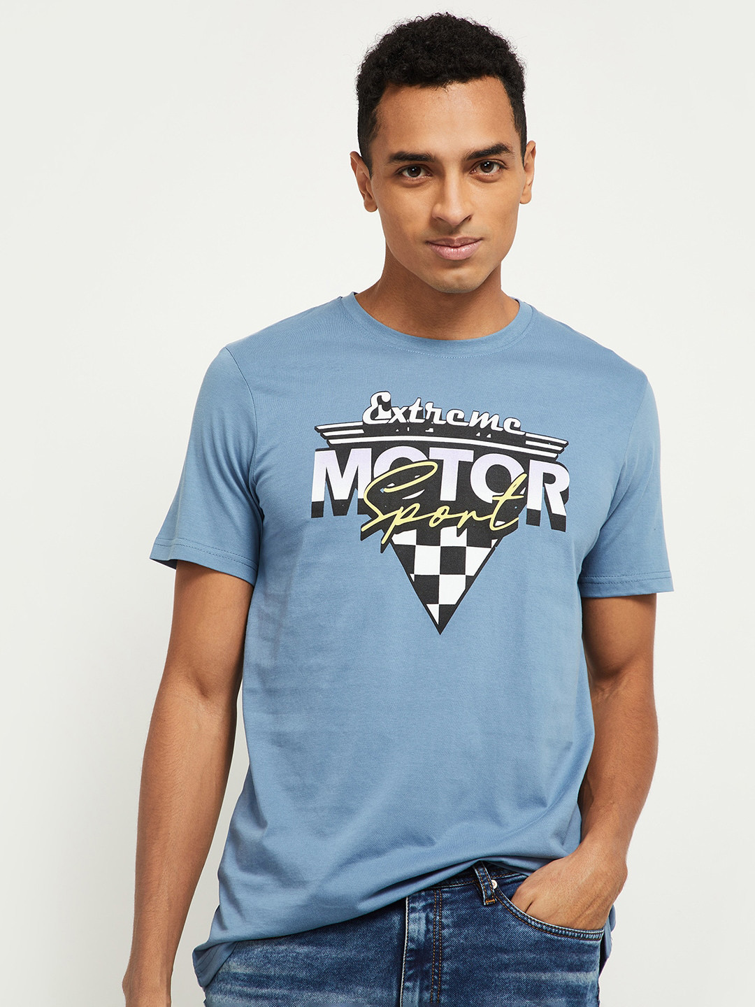 Buy Max Men Blue Typography Printed Applique T Shirt - Tshirts for Men ...