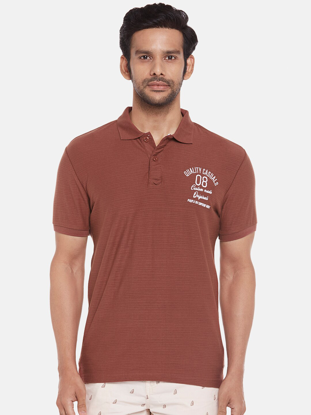 Buy People Men Rust Polo Collar Typography Printed Pure Cotton T Shirt ...