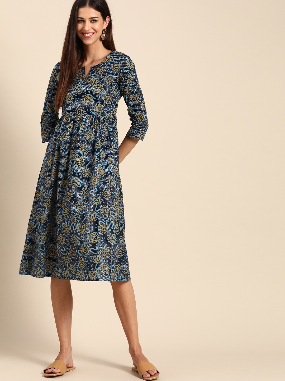 Buy Anouk Women Navy Blue And Beige Ethnic Motifs Print Pure Cotton A